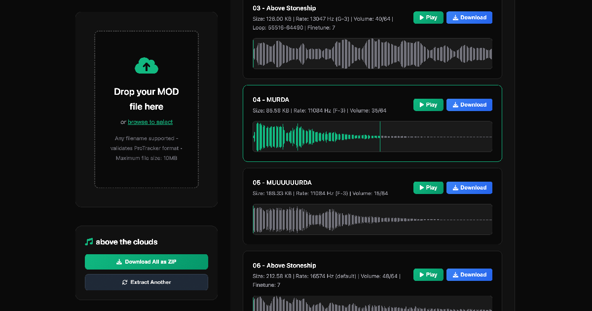 MOD, MED, XM, IT & S3M Sample Extractor - Extract WAV Samples from Tracker Module Files Online